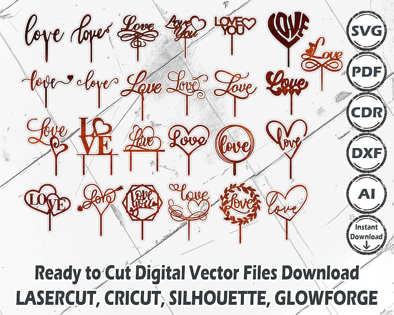 Love Cake Toppers Lasercut Svg Bundle, Set of 24 Love Calligraphy ...