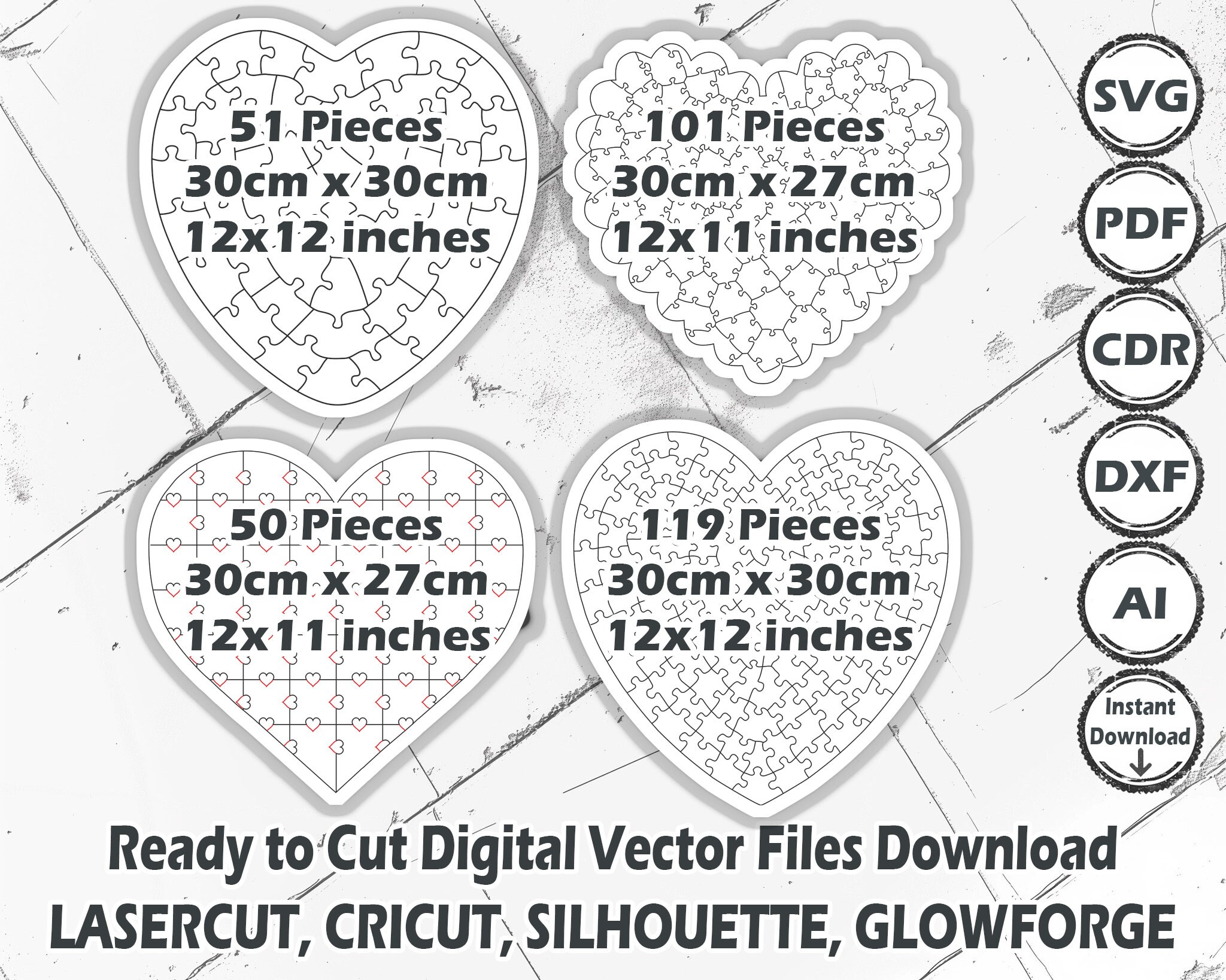 Heart Jigsaw Puzzle Set, Puzzle Svg, Laser Cut, Puzzle Cut Template ...