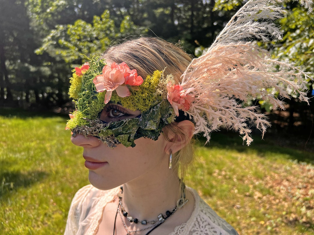 Enchanted Forest Masquerade Mask With Pink Flowers, Moss, and Feather ...