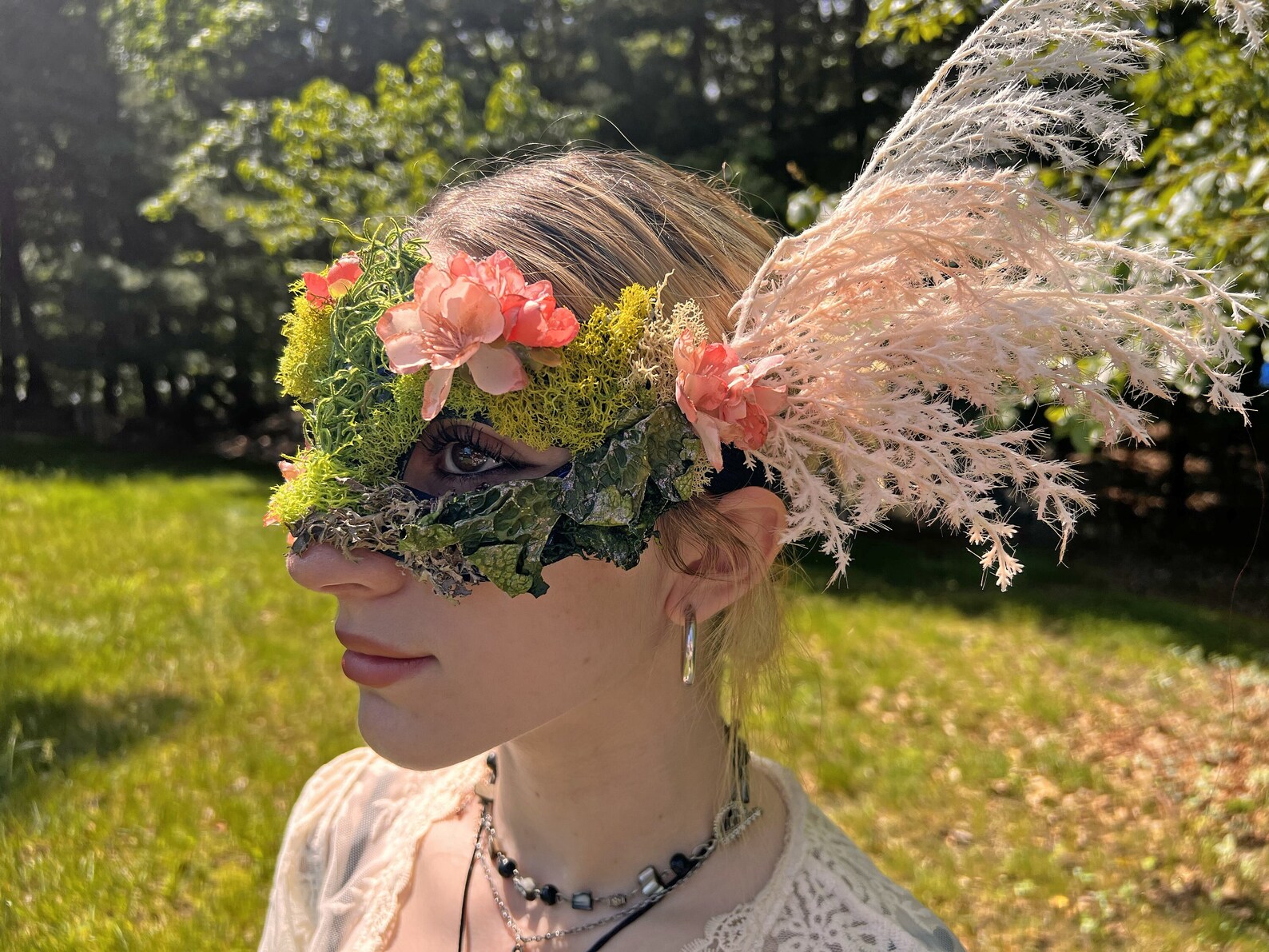 Enchanted Forest Masquerade Mask With Pink Flowers, Moss, and Feather ...