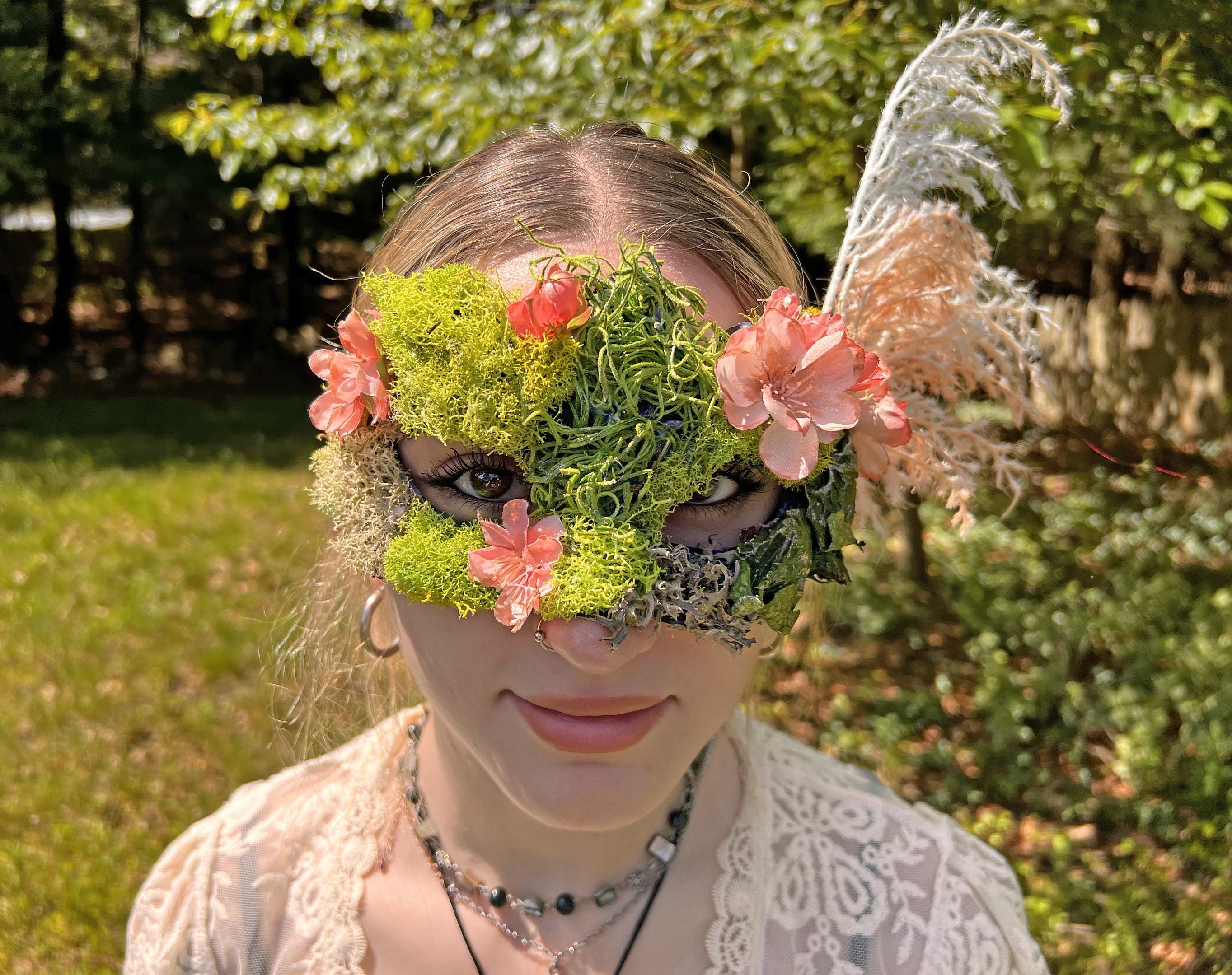 Enchanted Forest Masquerade Mask With Pink Flowers, Moss, and Feather ...