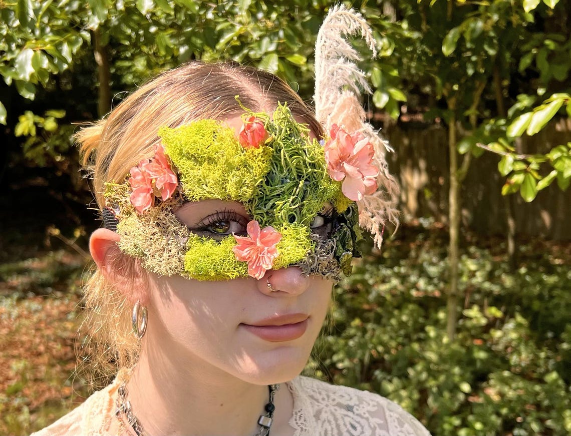 Enchanted Forest Masquerade Mask With Pink Flowers, Moss, and Feather ...