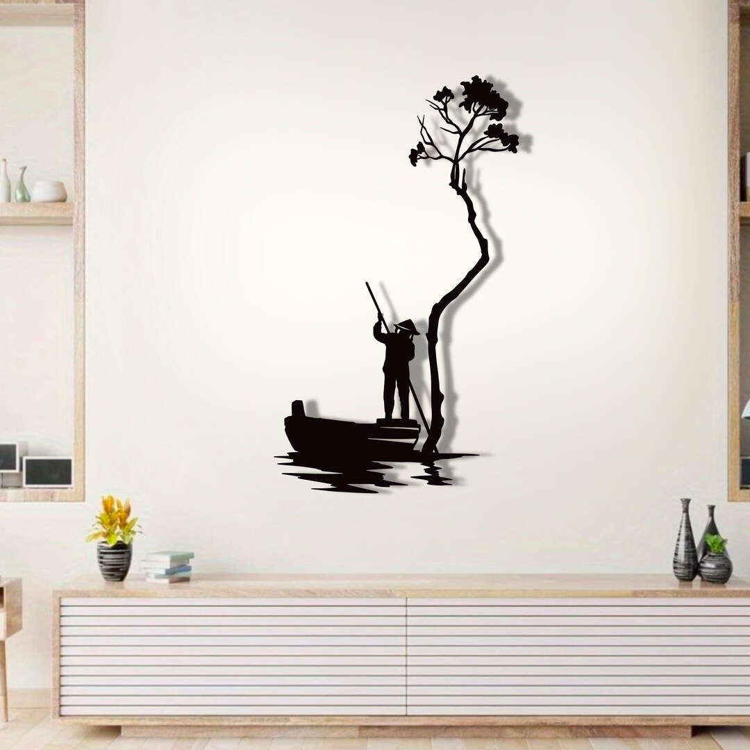 Boat Wall Sculpture,fishing, Lake Tree Wall Art,metal Fisherman,boating ...