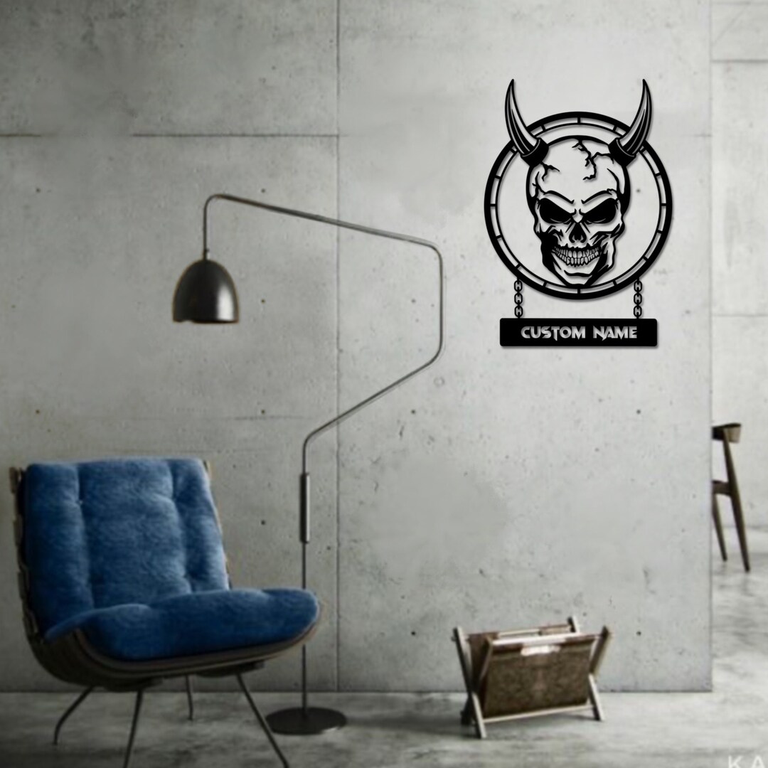 Metal Skull Name Sign, Personalized Skull Decor, Custom Skull Hanging ...