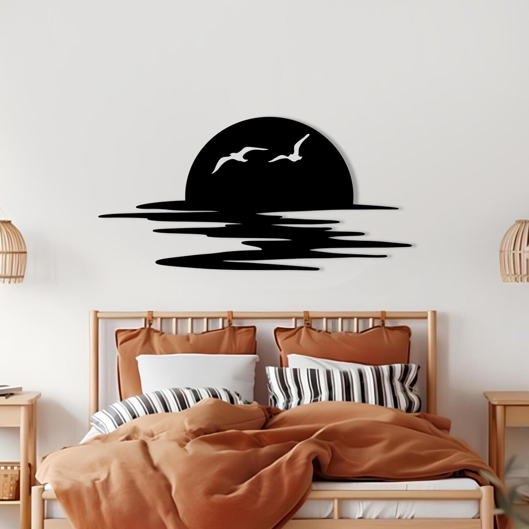 Sunset Metal Wall Art, Sunrise Decor, Black Sunset, Sun and Seagulls ...