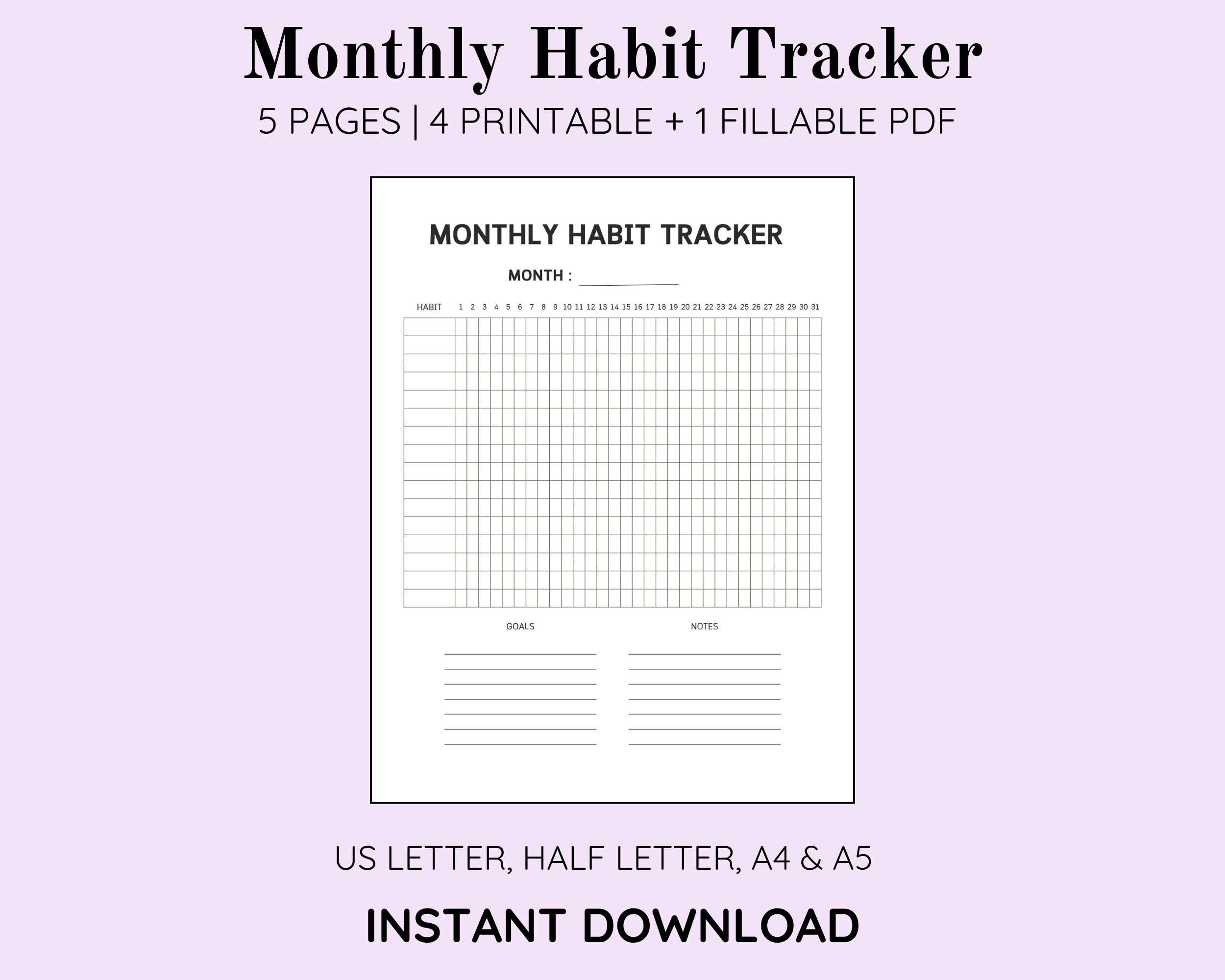 Printable Monthly Habit Tracker, Fillable Monthly Habit Tracker ...