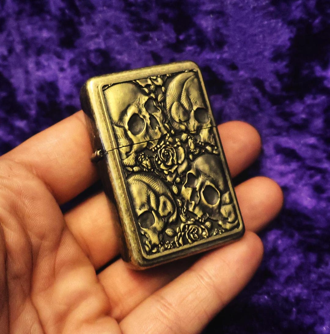Skulls and Roses Gold Plated Antique Bronze Lighter Personalised Gift ...