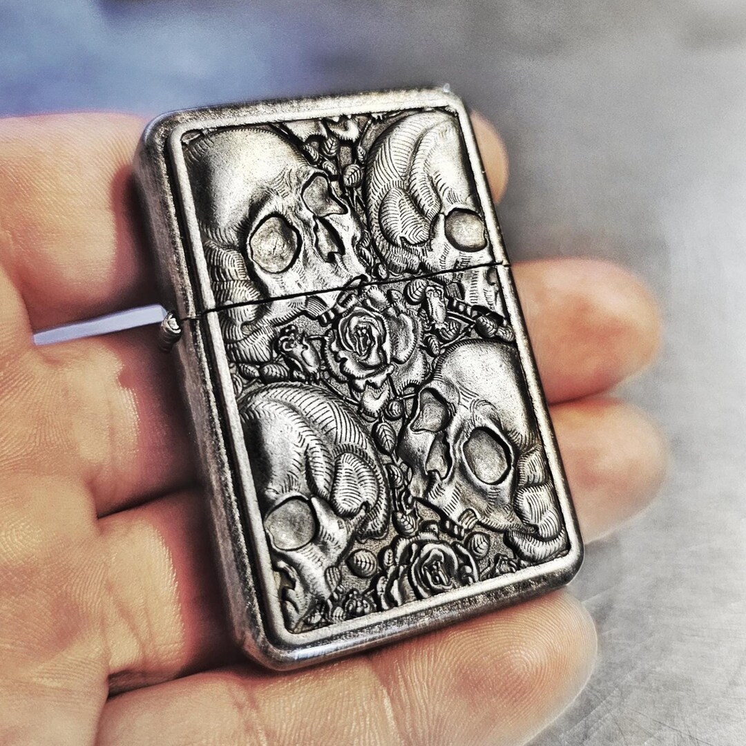 Skulls and Roses Black Plated Antique Bronze Flip Lighter Name Date ...