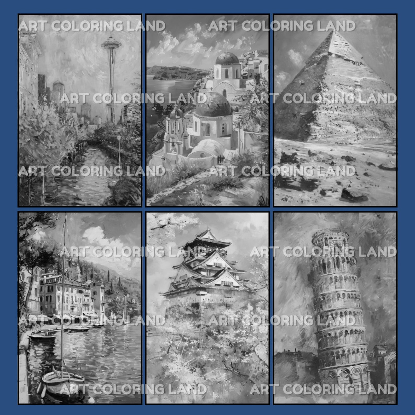 30 Claude Monet Inspired World Landmarks Grayscale Coloring Pages - Etsy