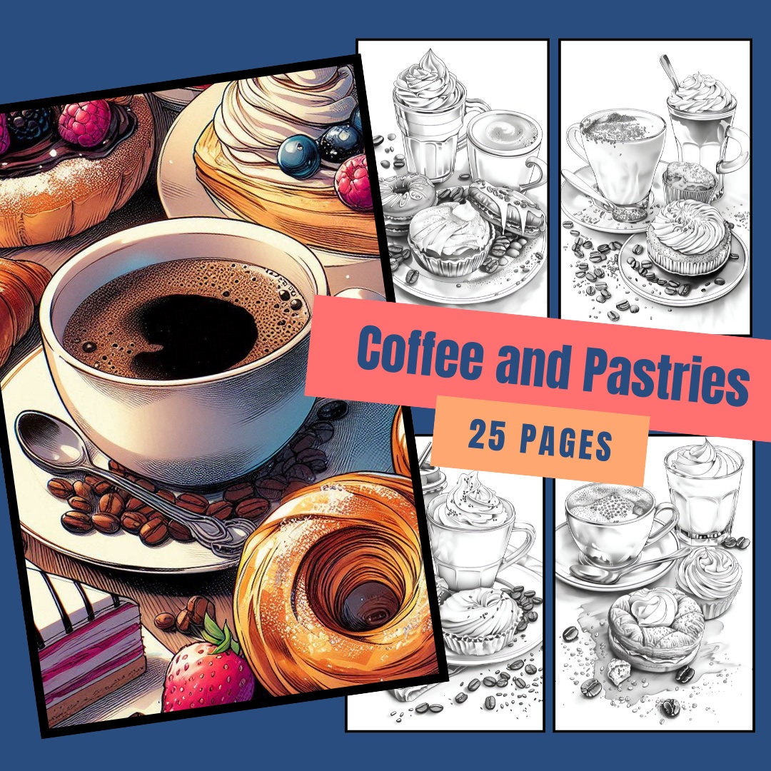 25 Coffee and Pastries Grayscale Coloring Pages - Etsy