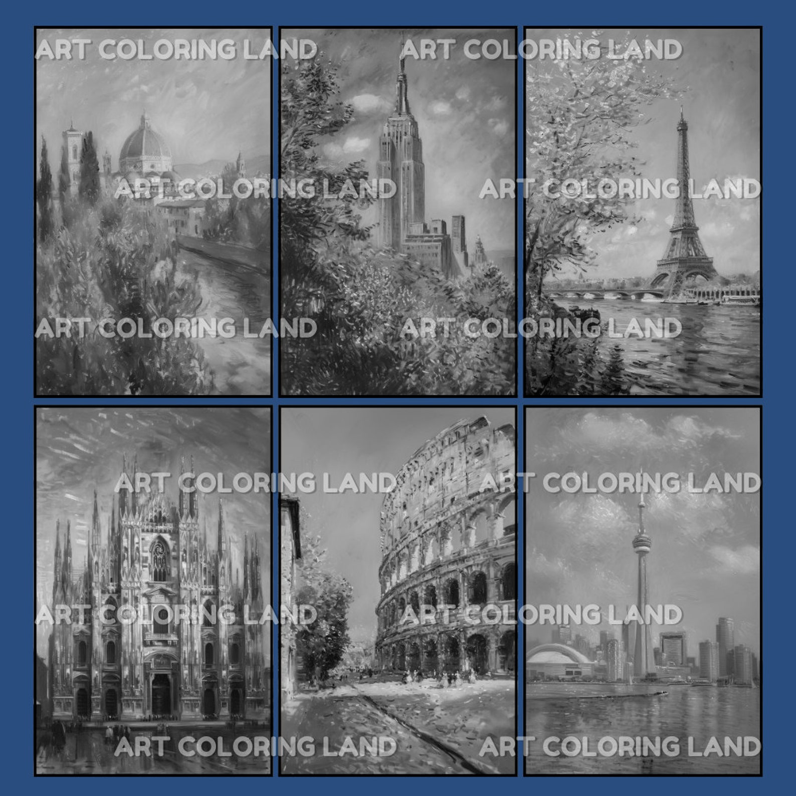 30 Claude Monet Inspired World Landmarks Grayscale Coloring Pages - Etsy