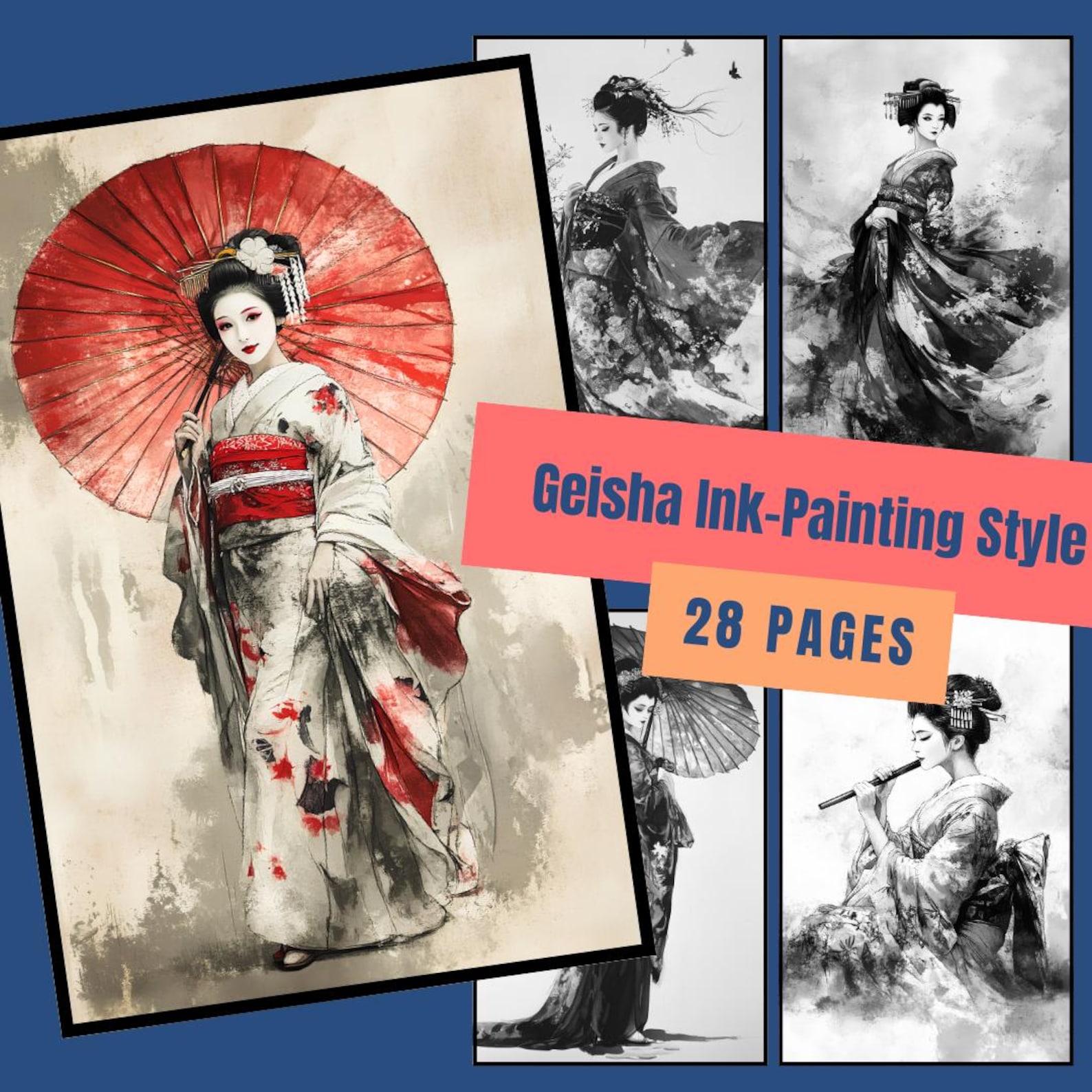 28 Beautiful Geisha in Chinese Ink Painting Style Grayscale Coloring ...
