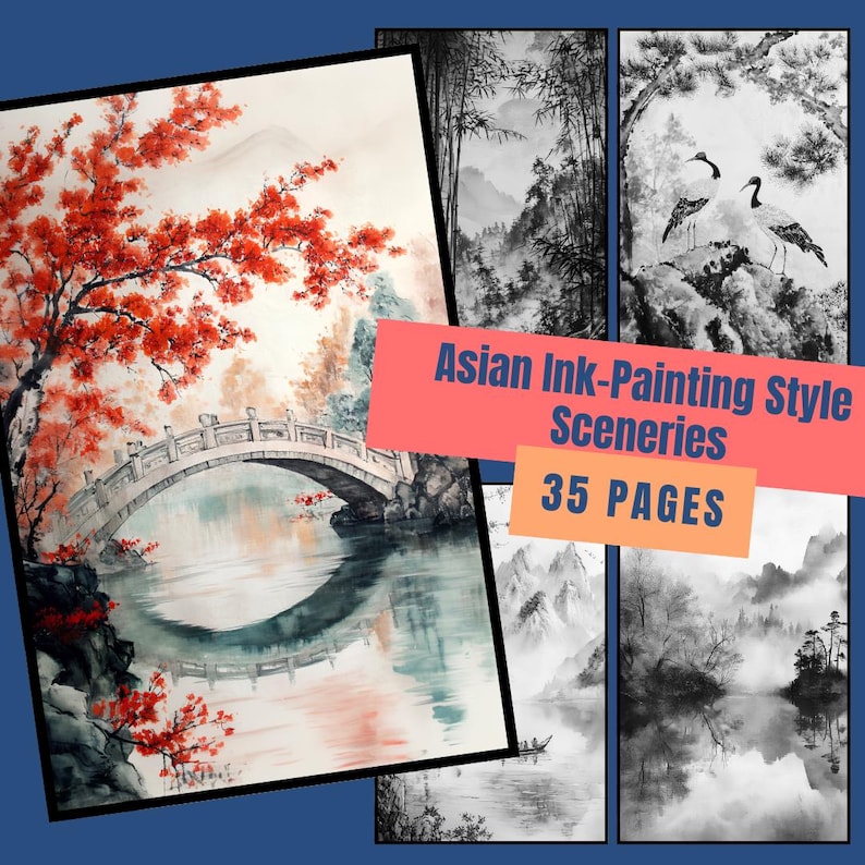 35 Chinese Ink-painting Style Sceneries Grayscale Coloring Pages - Etsy