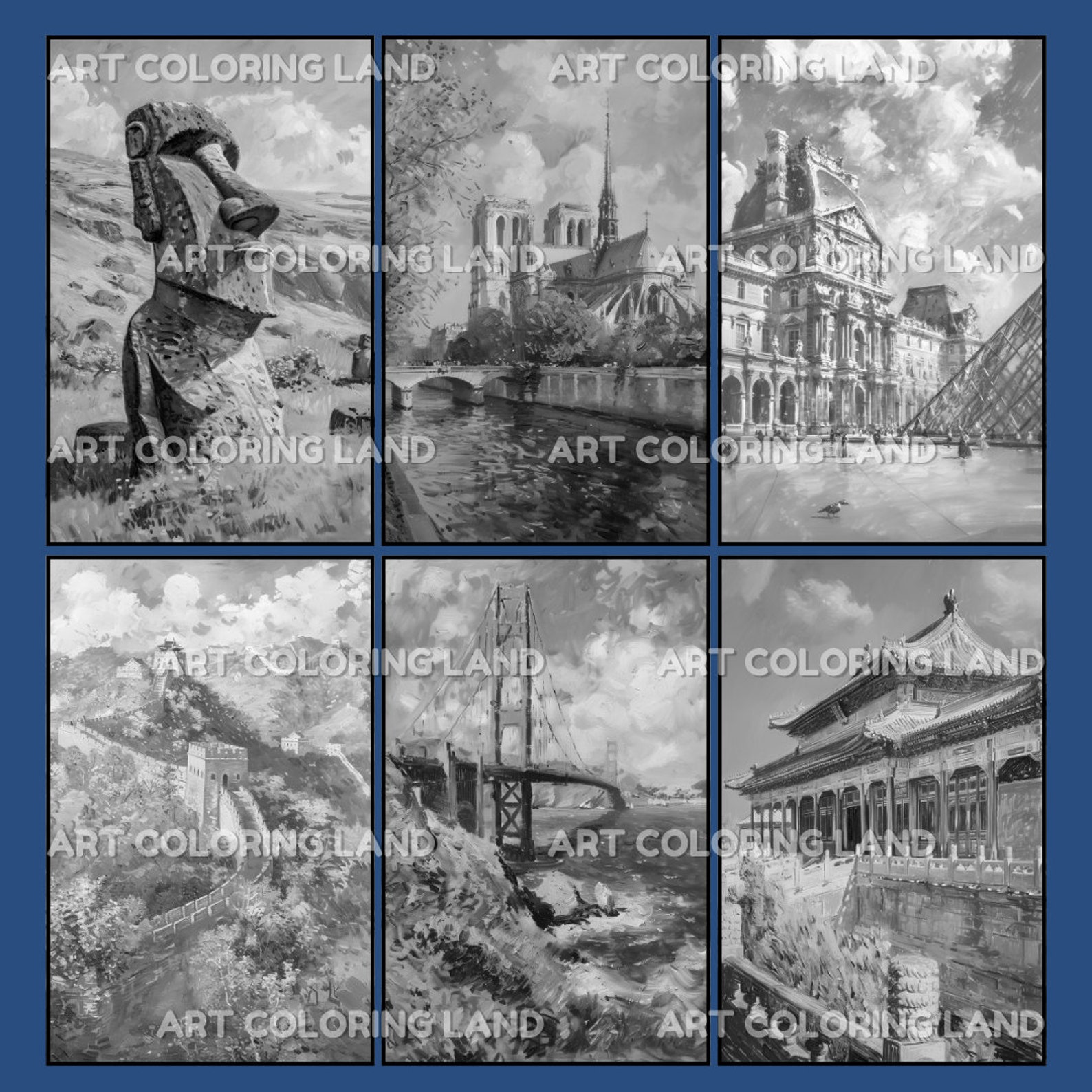 30 Claude Monet Inspired World Landmarks Grayscale Coloring Pages - Etsy