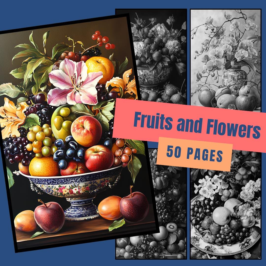 50 Fruit and Flowers Grayscale Colouring Book - Etsy