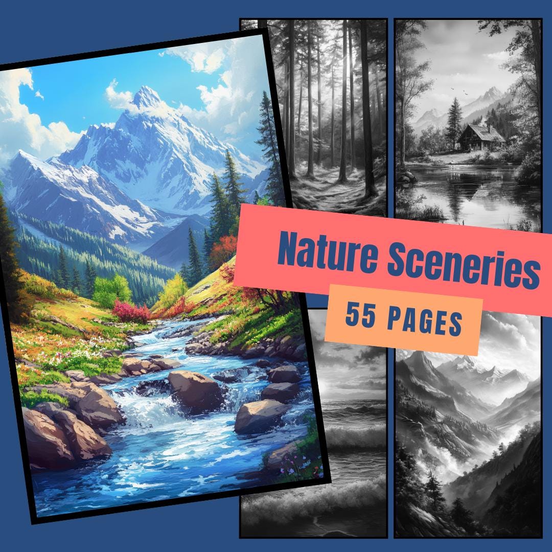 55 Nature Scenery in Realistic Painting Style Grayscale Coloring Pages ...