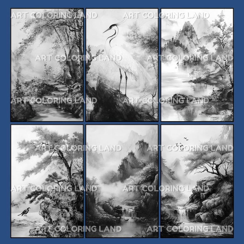 35 Chinese Ink-painting Style Sceneries Grayscale Coloring Pages - Etsy