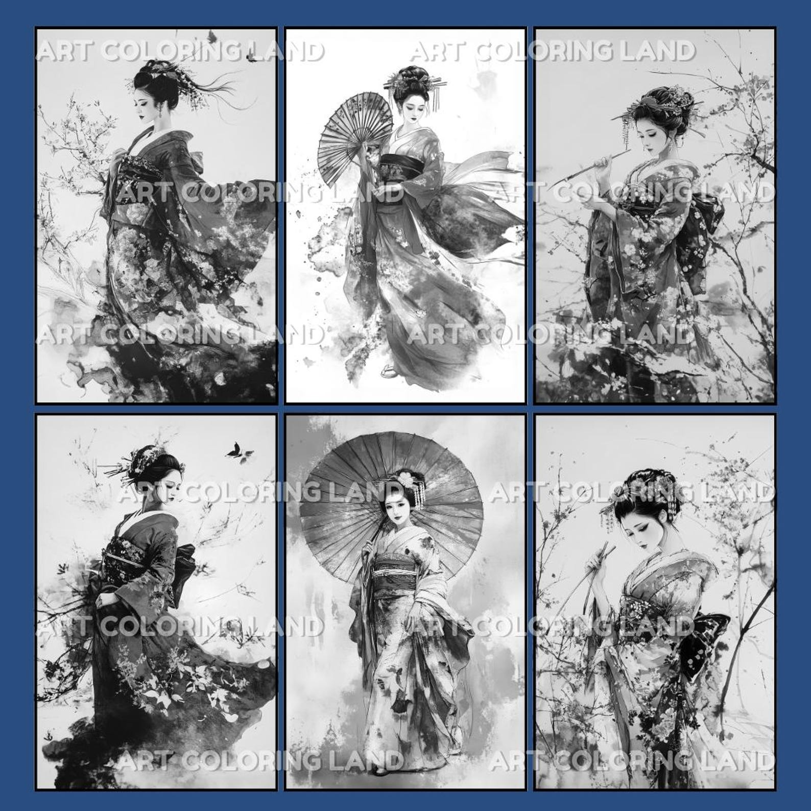 28 Beautiful Geisha in Chinese Ink Painting Style Grayscale Coloring ...