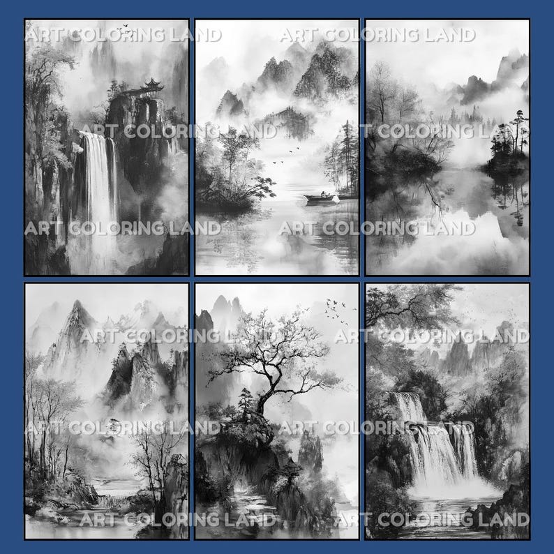 35 Chinese Ink-painting Style Sceneries Grayscale Coloring Pages - Etsy