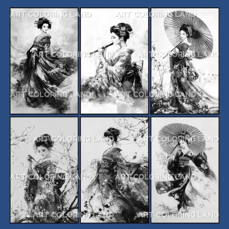 28 Beautiful Geisha in Chinese Ink Painting Style Grayscale Coloring ...