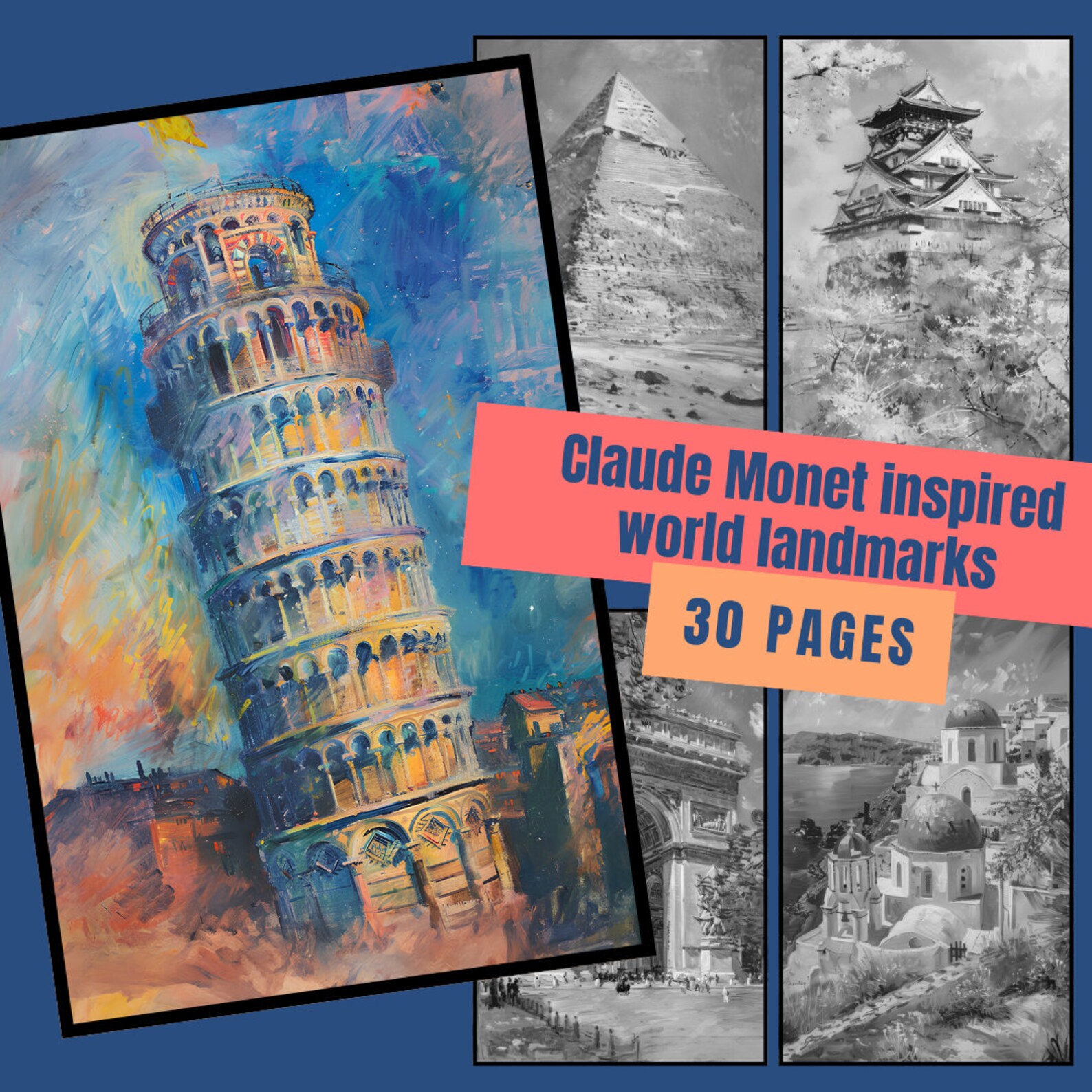 30 Claude Monet Inspired World Landmarks Grayscale Coloring Pages - Etsy