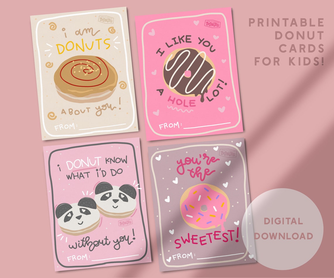 Printable Donut Themed Valentine's Day Kid Cards, Set of 4 Designs ...