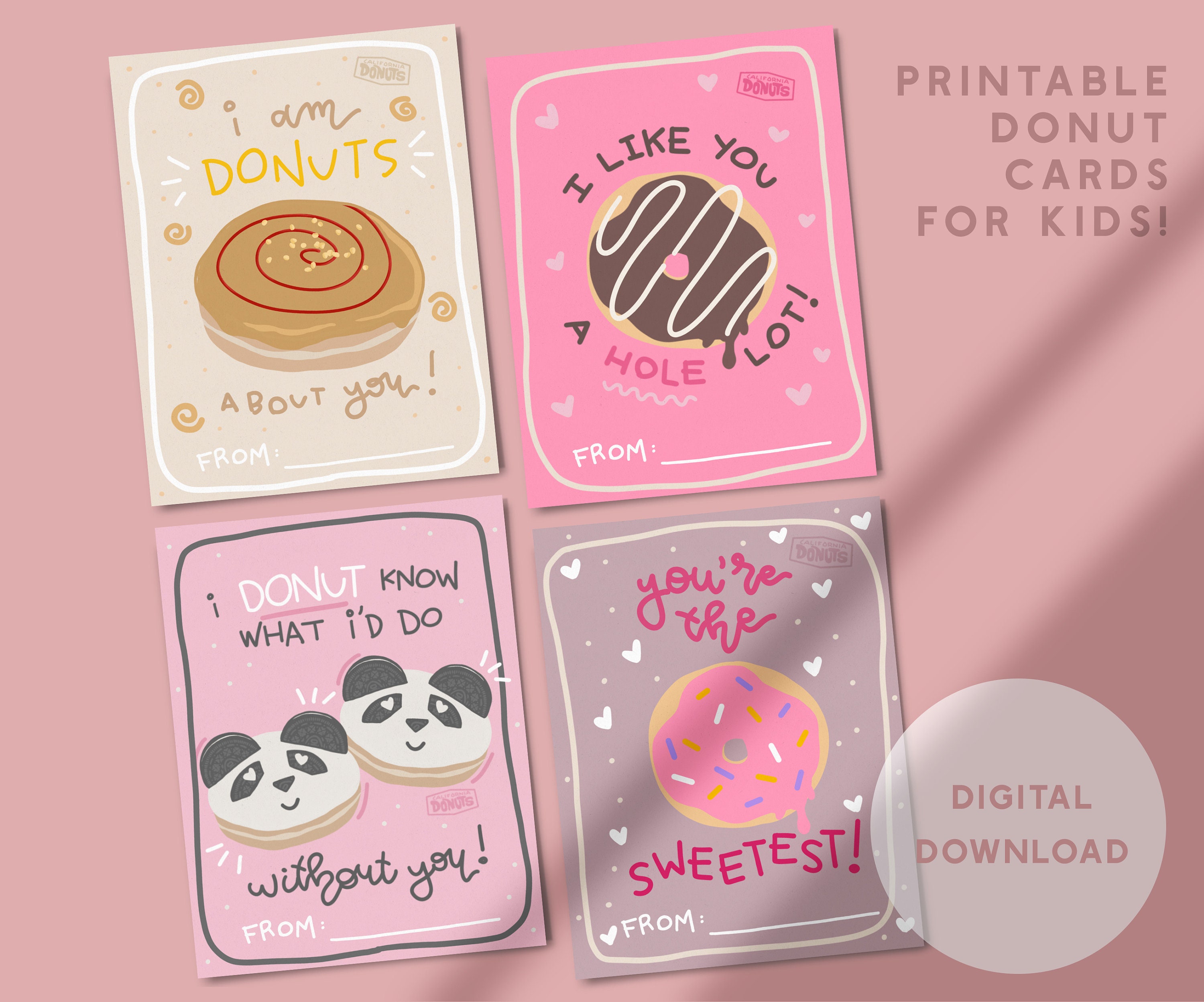 Printable Donut Themed Valentine's Day Kid Cards, Set of 4 Designs ...
