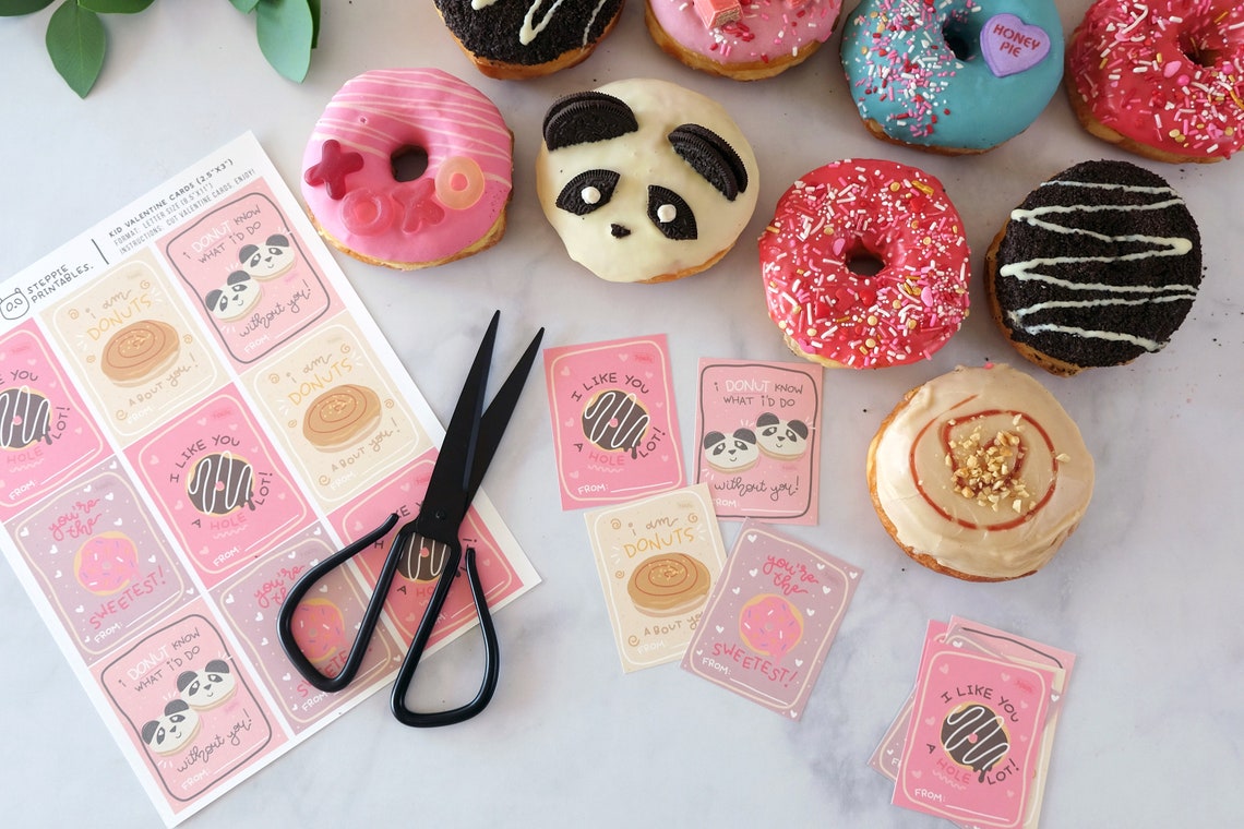 Printable Donut Themed Valentine's Day Kid Cards, Set of 4 Designs ...