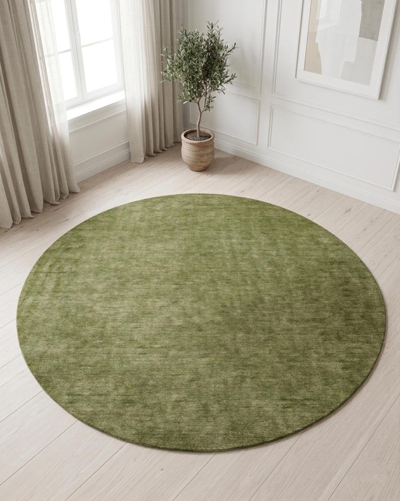 Hand-tufted Wool Round Rug – Solid Meadow Green, Plush Cut Pile Carpet ...