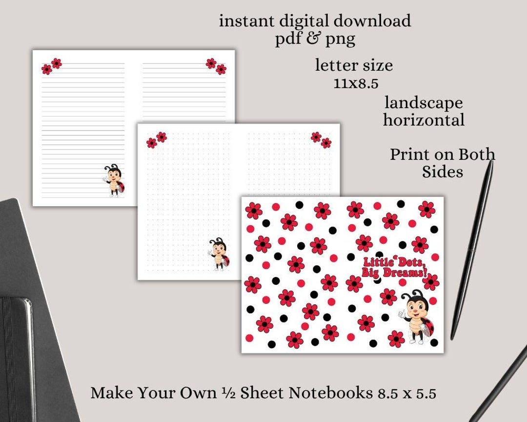 Red Daisy Ladybug Digital Lined & Dotted Grid Notebook -half Letter ...