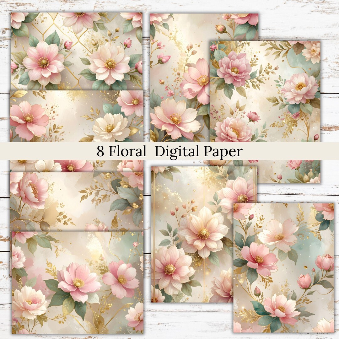 Pink Floral Gold Trim Digital Paper Pack Bundle-junk Journal ...