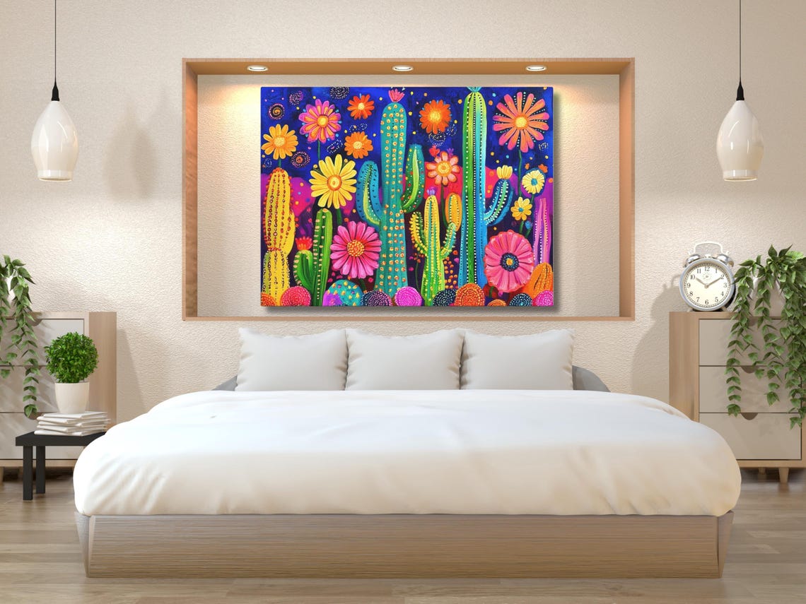Colorful Cactus Wall Art, Vibrant Floral Desert Canvas, Fun ...