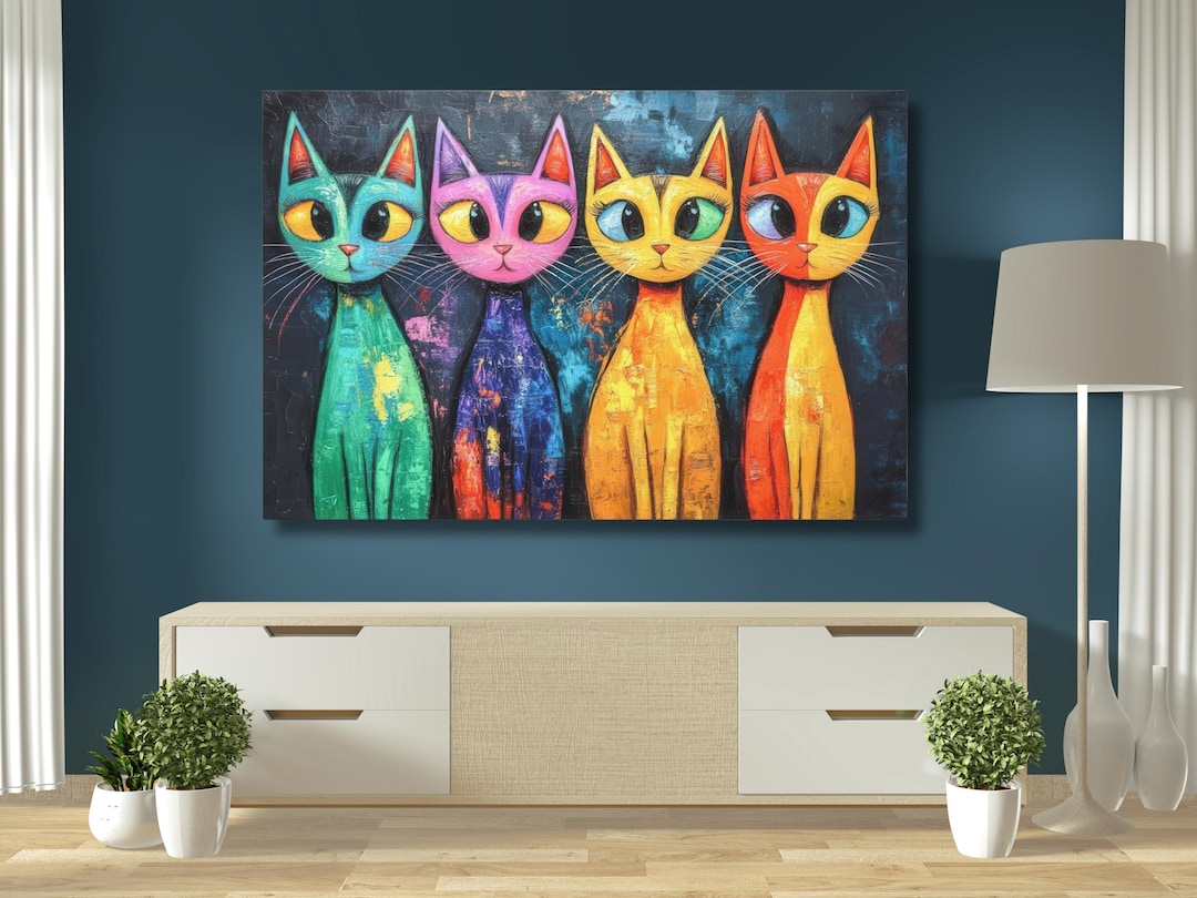 Colorful Cat Wall Art, Vibrant Kitty Canvas Print, Whimsical Feline ...