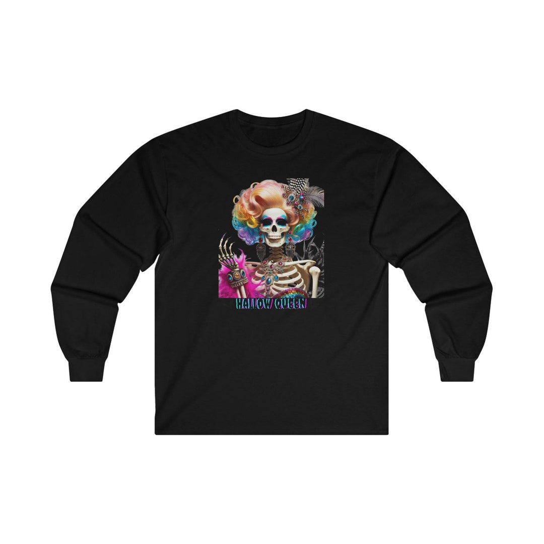 Hallow Queen Skeleton Drag Queen Long Sleeve T-shirt, Vibrant Bats and ...