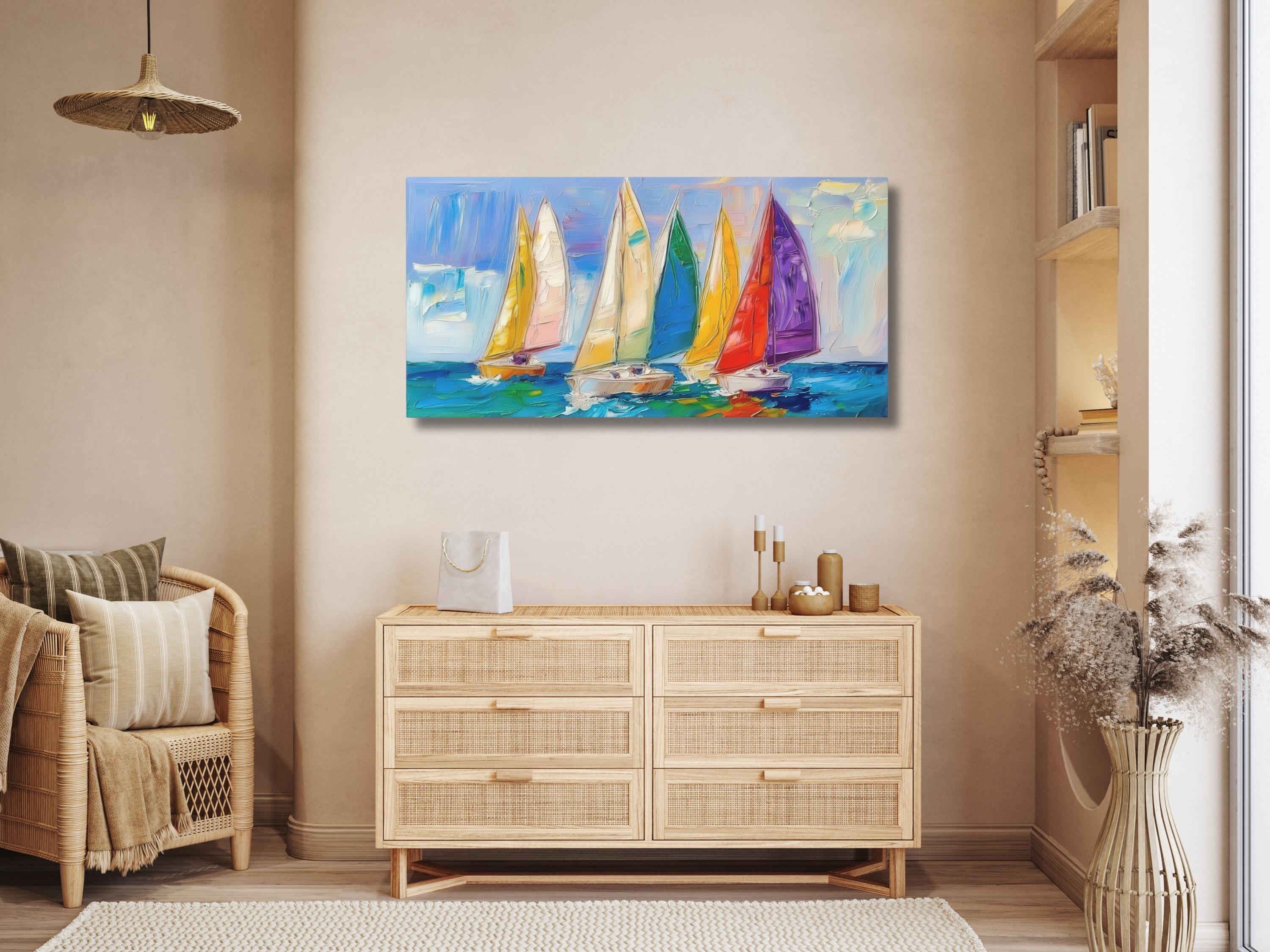 Colorful Sailboat Wall Art, Nautical Decor for Coastal Home, Vibrant ...