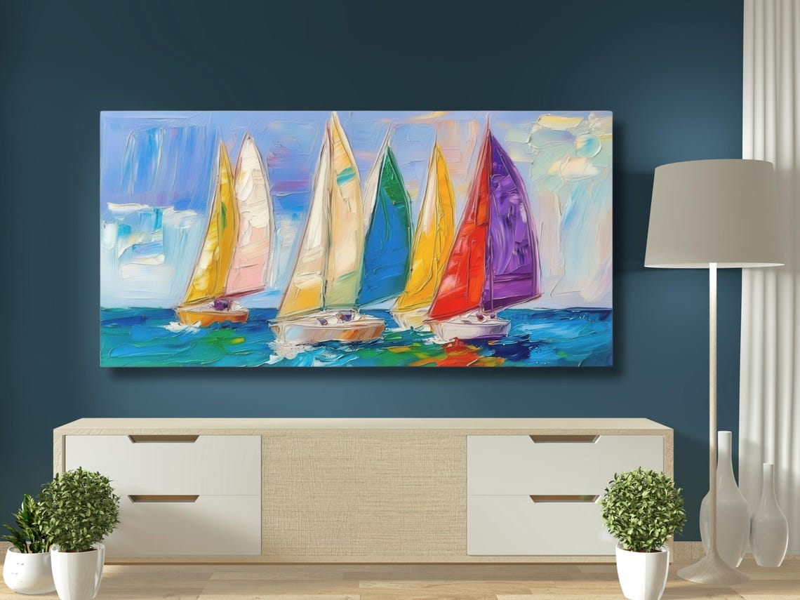 Colorful Sailboat Wall Art, Nautical Decor for Coastal Home, Vibrant ...