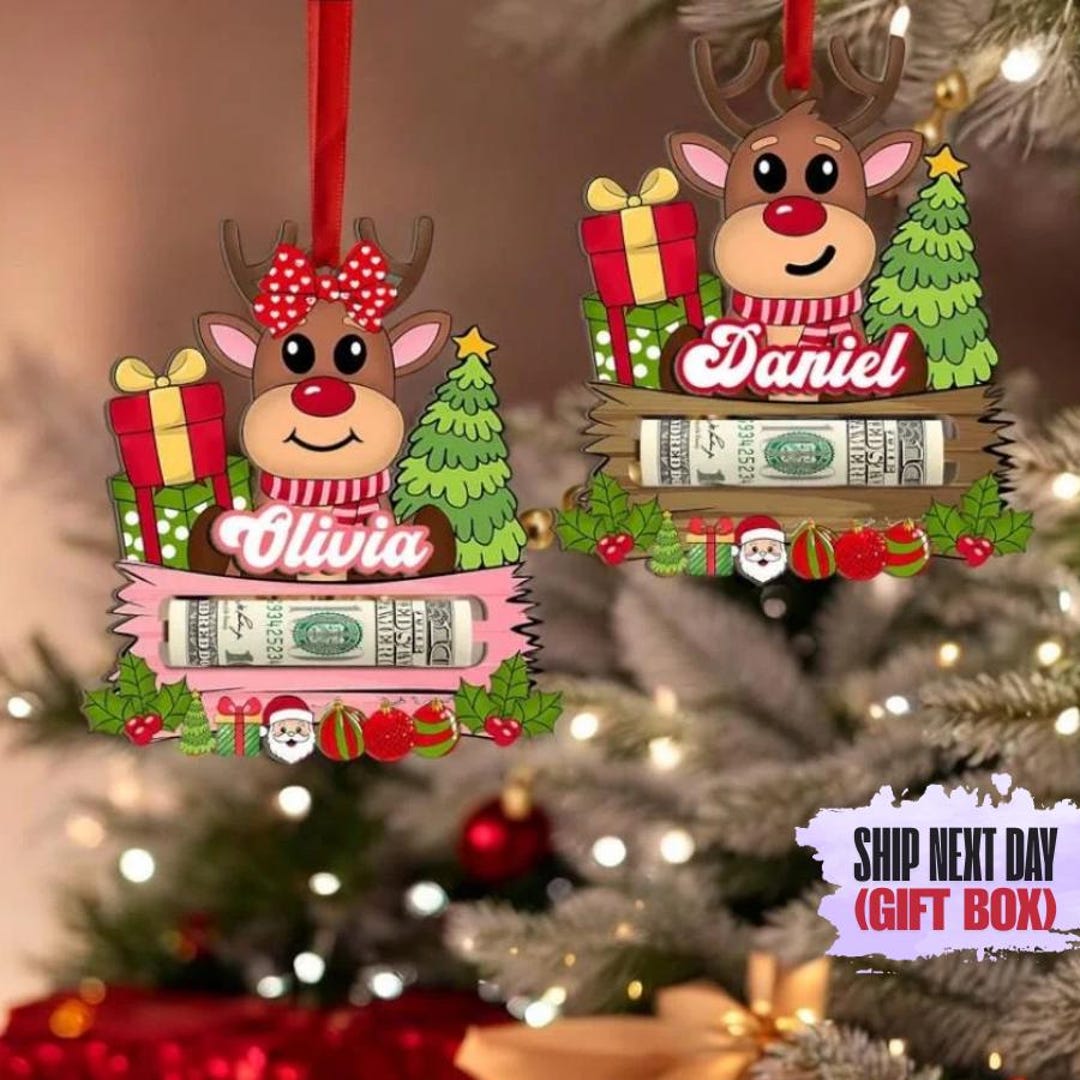 Personalized Cute Reindeer Money Holder Christmas Ornament, Reindeer ...