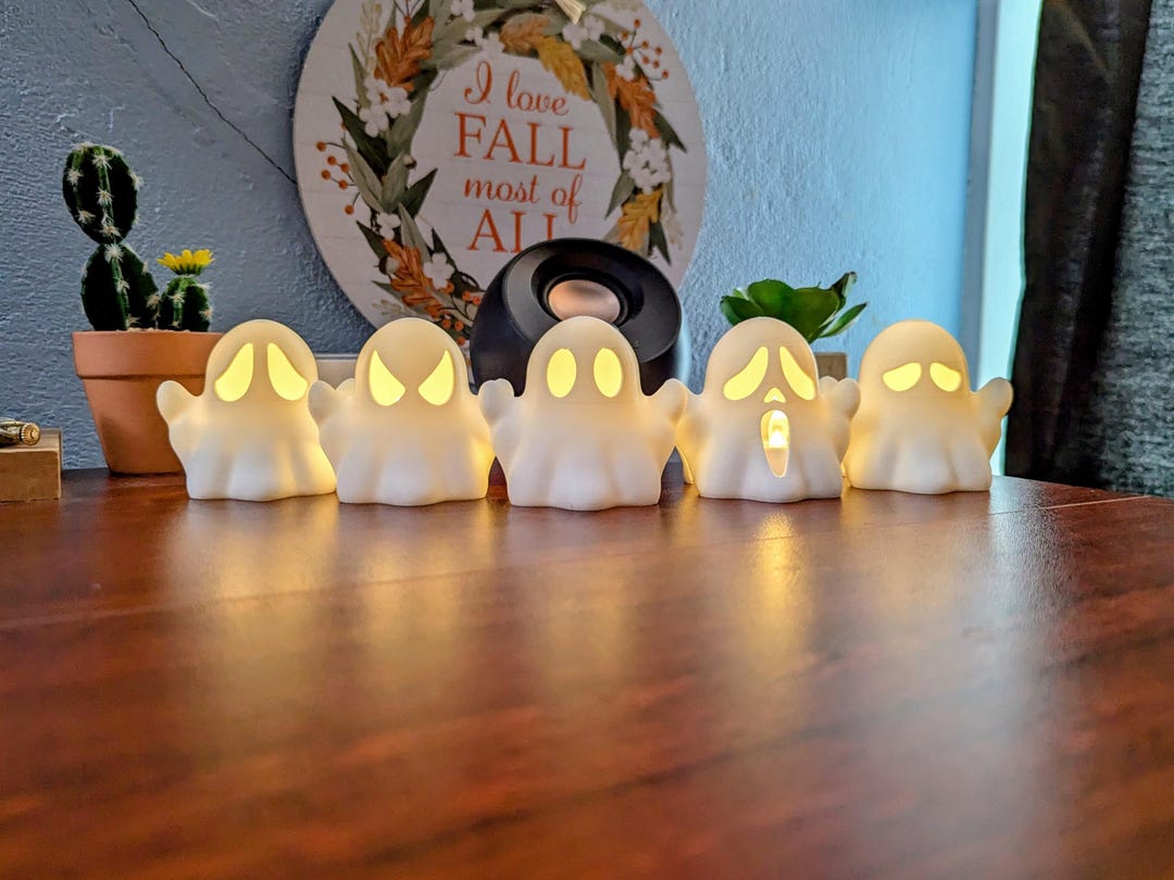5 Cute Mini Ghosts With LED Tea Lights, Halloween Party Decor, Indoor ...
