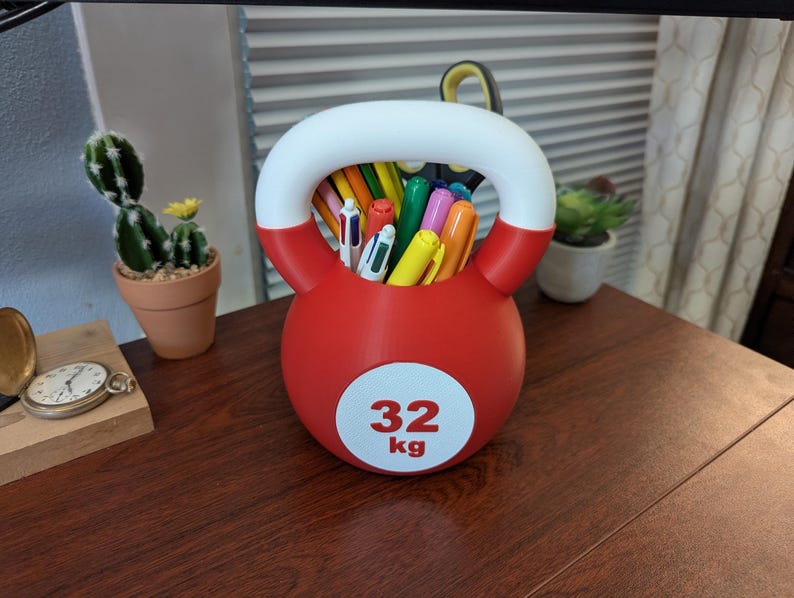 Large Pen & Pencil Holder, Desk Organizer, Red Kettlebell. Gift for ...
