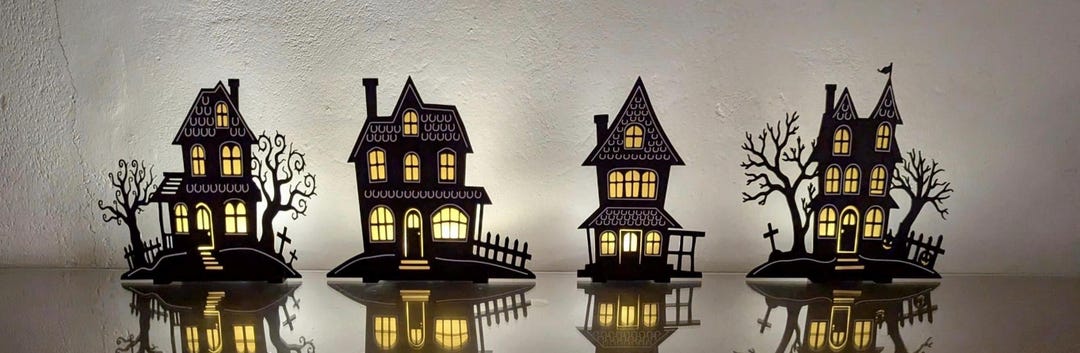 Gothic Halloween Village Set #2, Four Buildings With LED Tea Lights ...