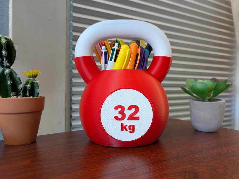 Large Pen & Pencil Holder, Desk Organizer, Red Kettlebell. Gift for ...