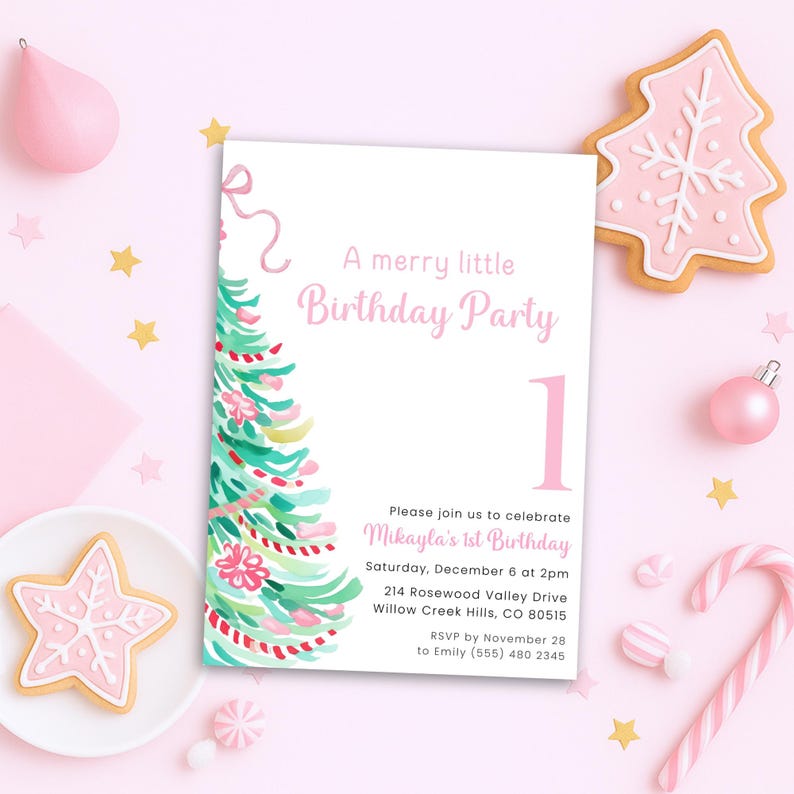 Christmas 1st Birthday Invitation Girl, Digital Pink Christmas First ...