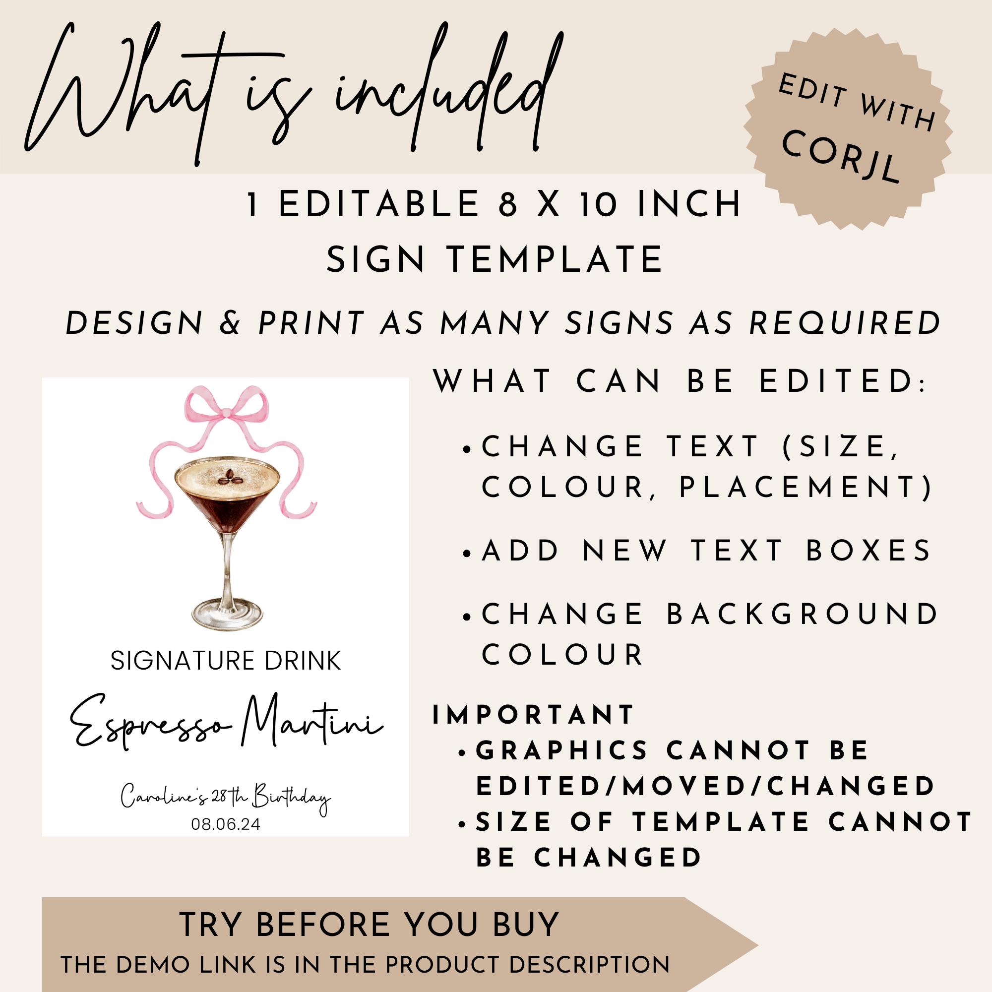 Espresso Martini Signature Drink Sign, Editable Martini Birthday Sign ...