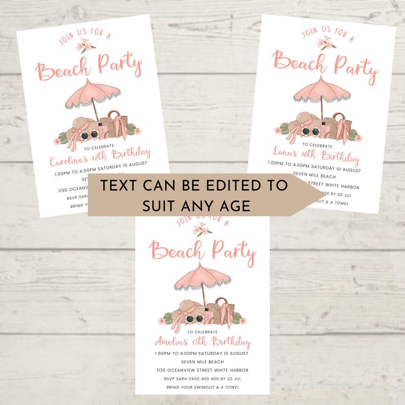 Beach Birthday Invitation, Editable Beach Party Invite Girl, Digital ...