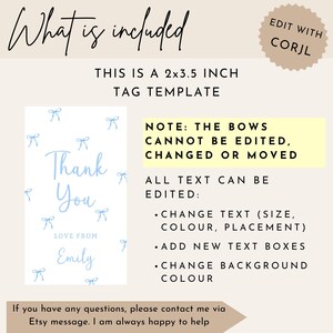 Blue Bow Favor Tag, Blue Coquette Bow Thank You Tag Editable, Blue Bow ...