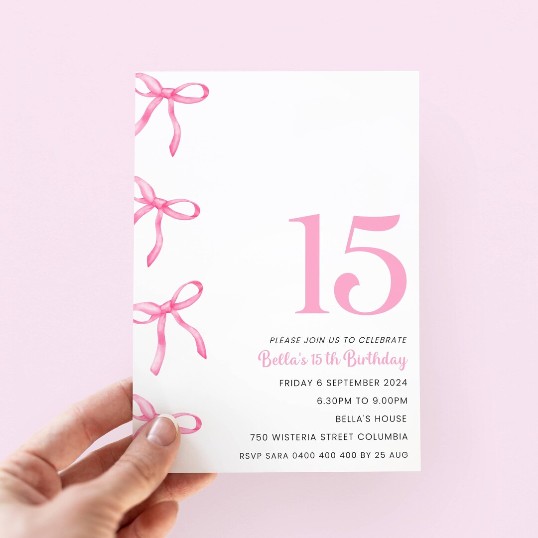 Pink Bow 15th Birthday Invitation, Editable Birthday Invite Girl ...