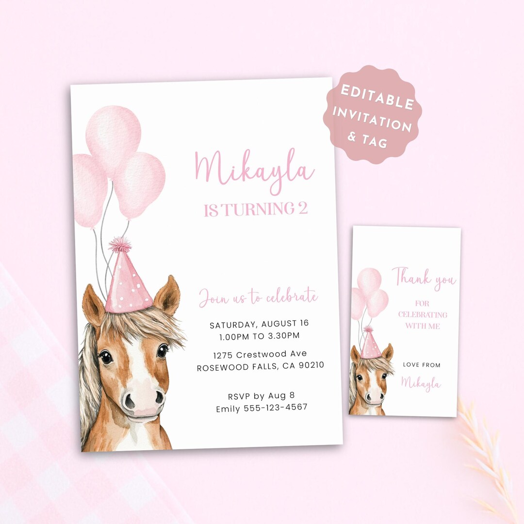 Pony Birthday Invitation, Editable Pink Pony Party Invite Bundle, Girl ...