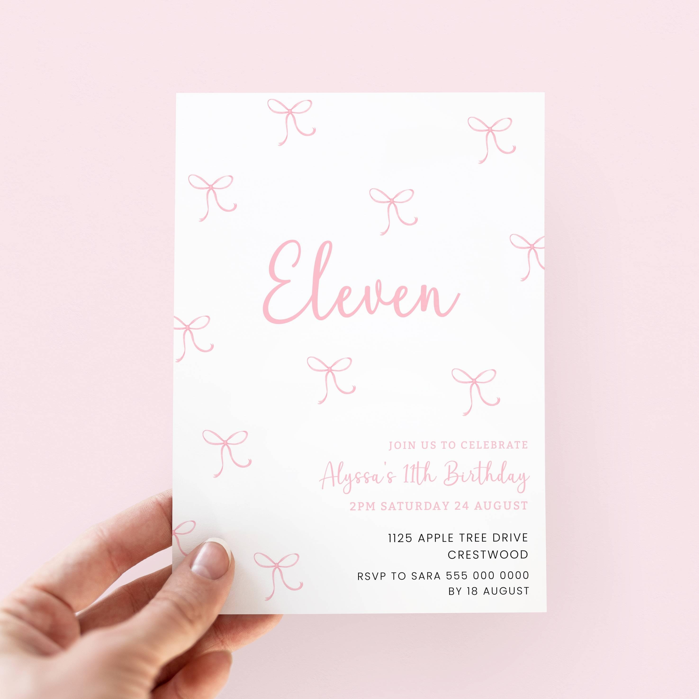 11th Birthday Invitation Pink Bow, Girl 11th Birthday Invite Editable ...