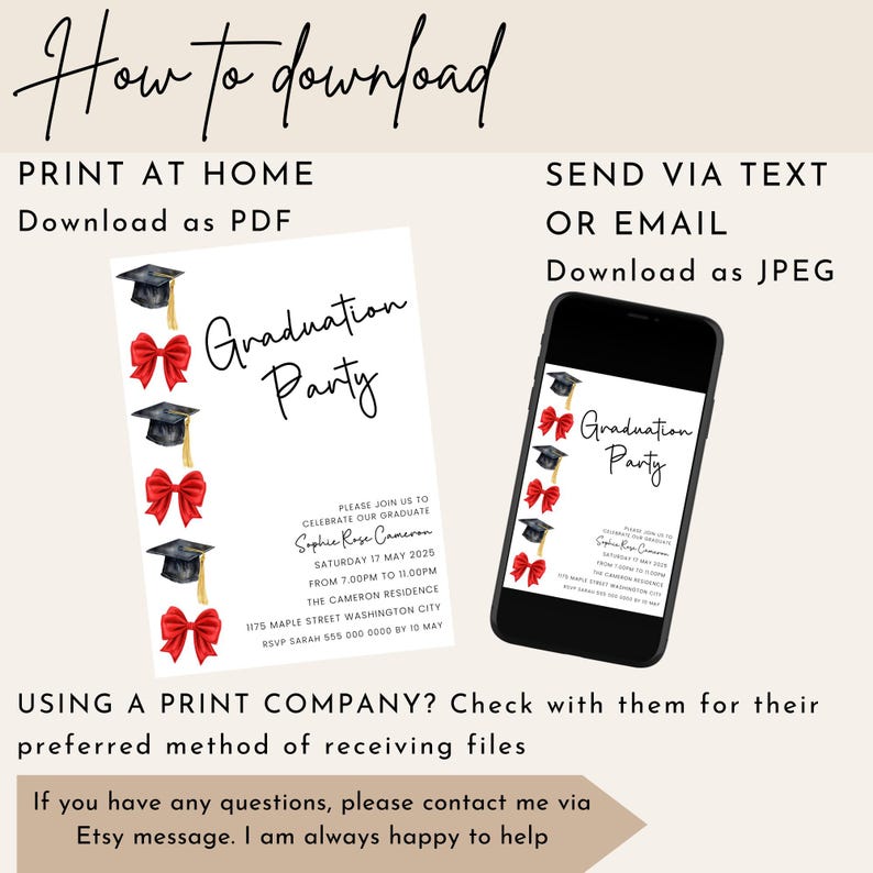 Graduation Invitation Red Bow, Editable Graduation Invite Template, Red ...