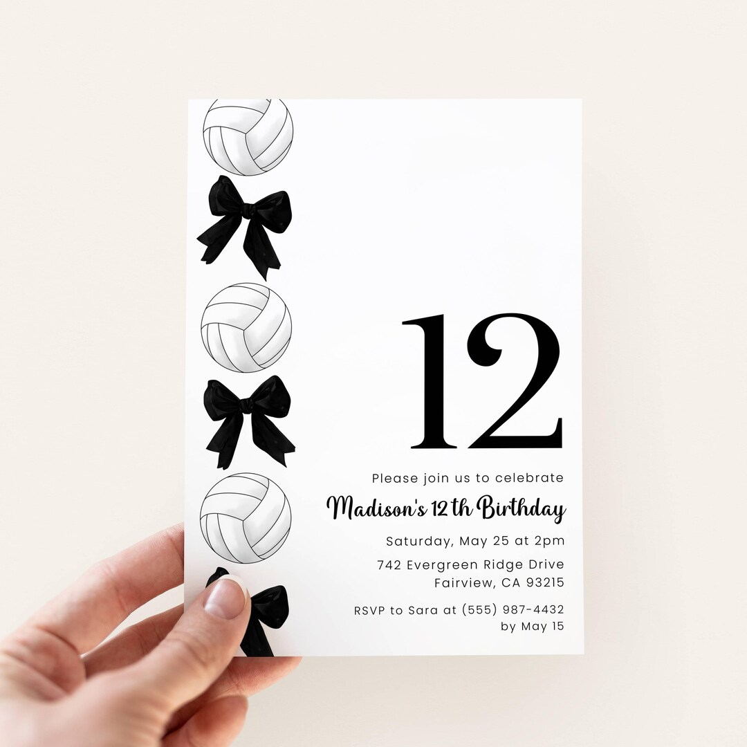 Volleyball Birthday Invite, Teen Girl Volleyball Invitation, Black Bow ...